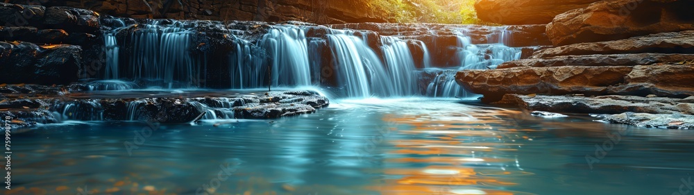 futuristic landscape with majestic waterfalls from high cliffs against ...