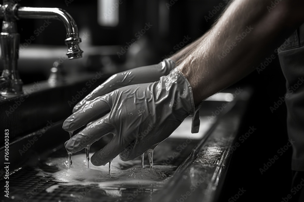 Persons hands seen washing dirty dishes in the kitchen sink - household ...