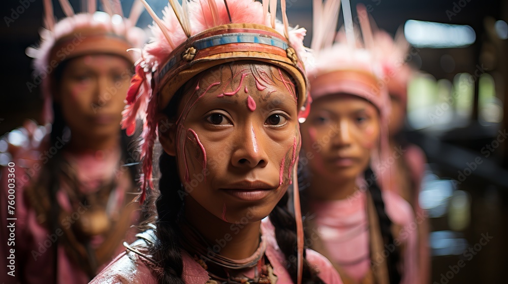 Three people with traditional jewelry and headdresses, representatives ...