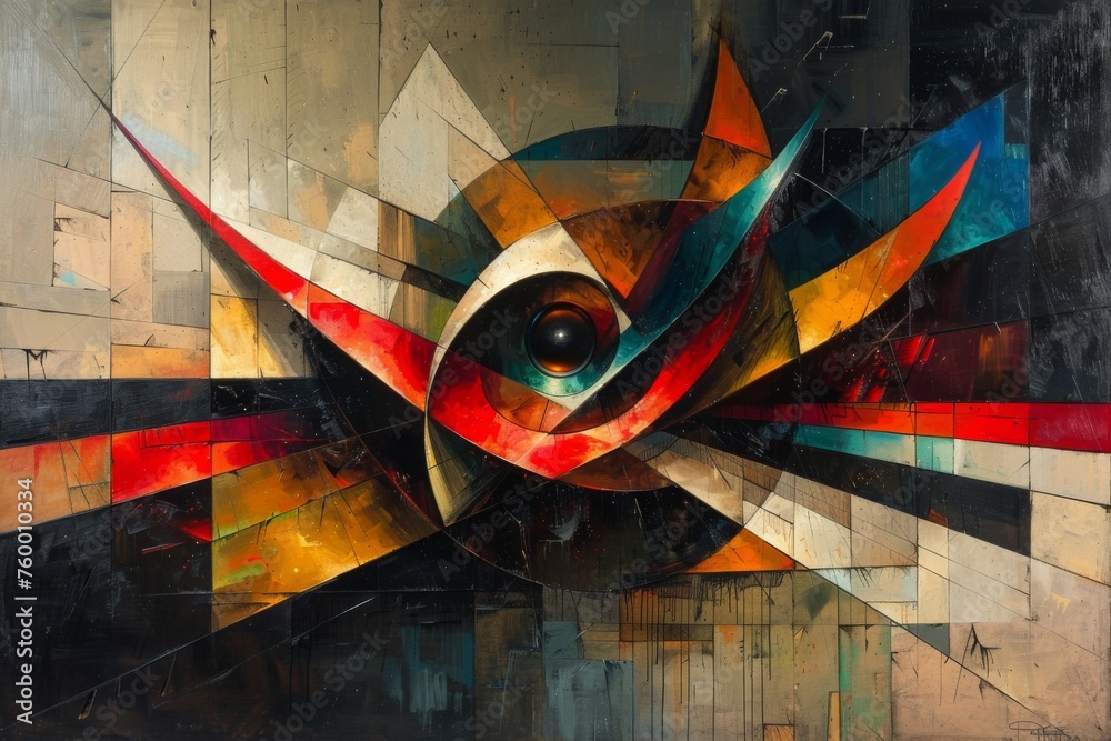 Abstract painting of an eye-like structure in bold red, black, and gold ...