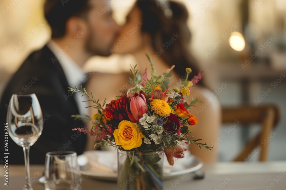 Close-up of the bouquet with a blurry couple kissing, couple kissing ...