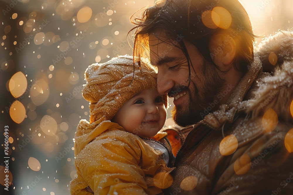 Father and child in glowing bokeh, warm glow. close-up of a tender ...