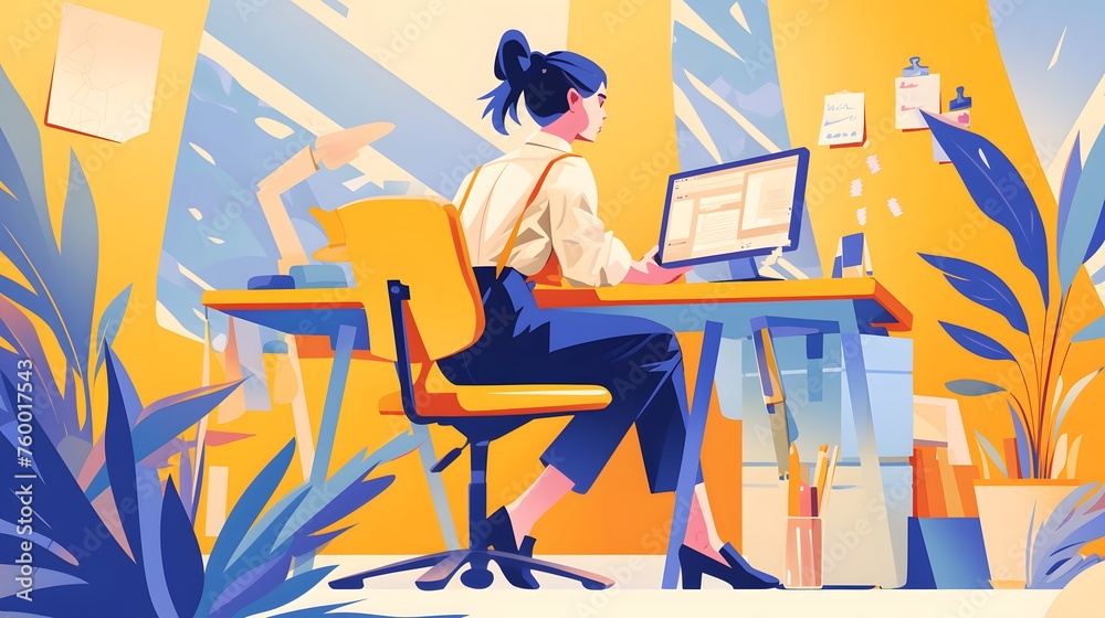 Illustration of a person working hard in front of the computer. Depict ...