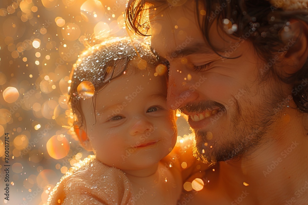 Father and child in glowing bokeh, warm glow. close-up of a tender ...