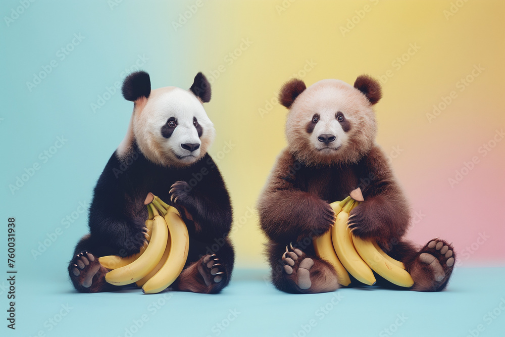 Two pandas sitting and enjoying bananas, split by a pastel gradient ...