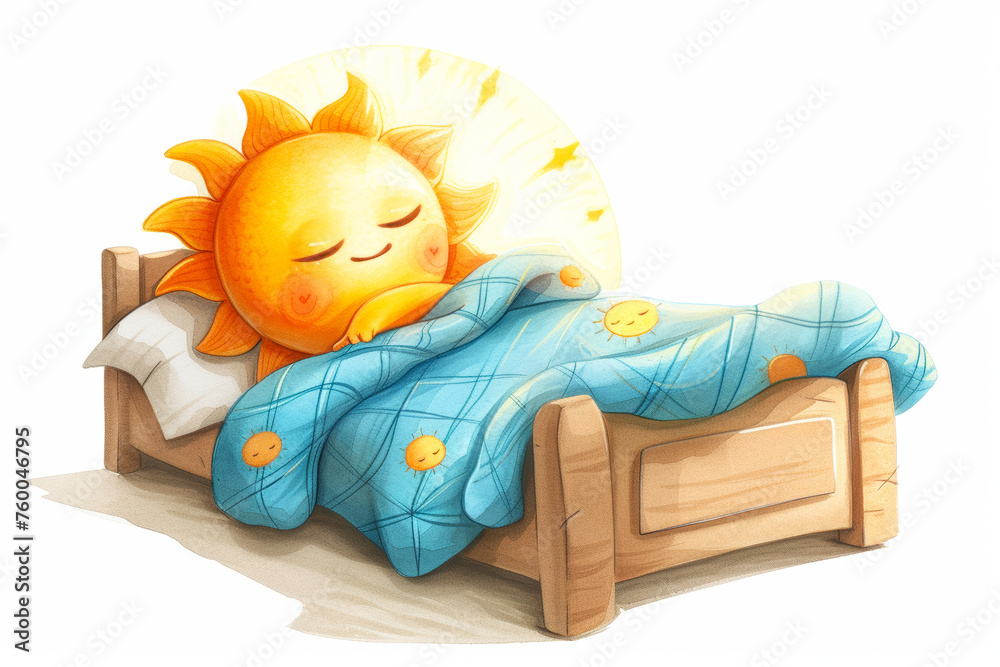 illustration an adorable sun character is cozily tucked in bed ...
