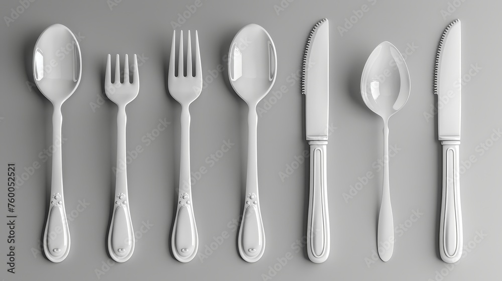 3d illustration of kitchenware, cutlery. Realistic plastic kitchen ...
