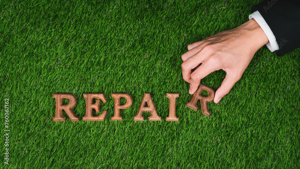 Eco awareness campaign showcase businessman hand arranged message in ...