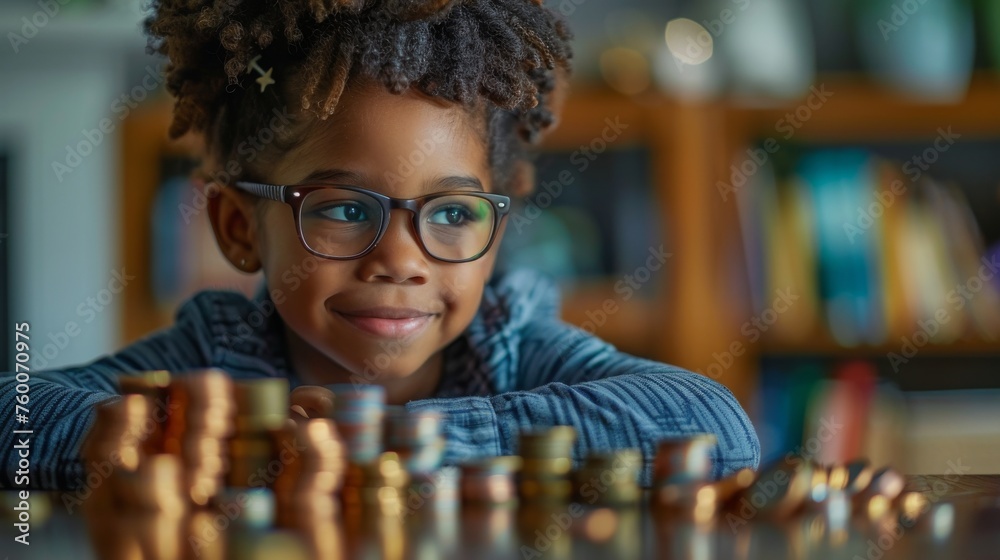 Little black girl with glass jar coin bank. Teach kids financial ...