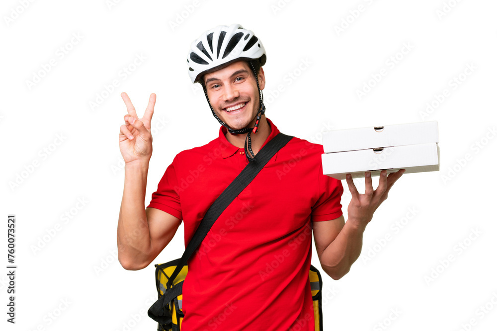 Pizza delivery man with work uniform picking up pizza boxes over ...