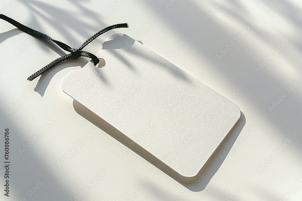 White paper tag with black string on textured surface casting a soft ...