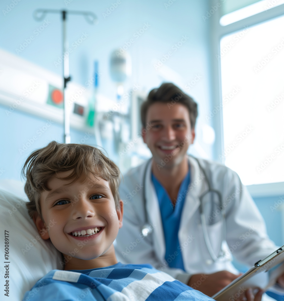 A smiling preteen boy visiting a doctor for a general check up. A ...