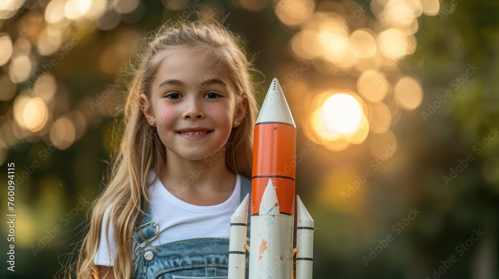 A girl proudly displaying a model rocket she built, ready for a launch ...