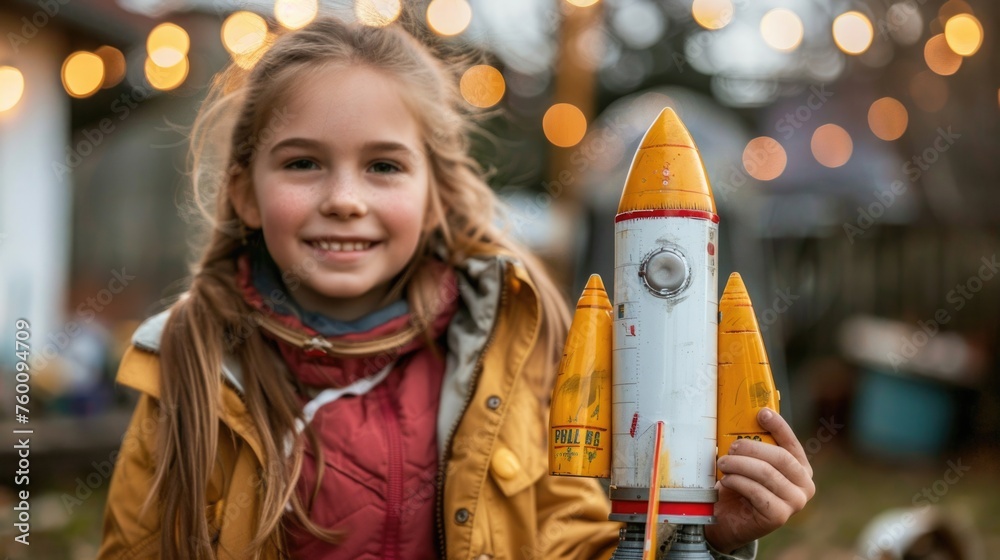 A girl proudly displaying a model rocket she built, ready for a launch ...