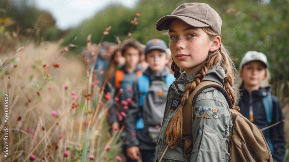 A girl leading an outdoor expedition, dressed as a ranger, with a group ...