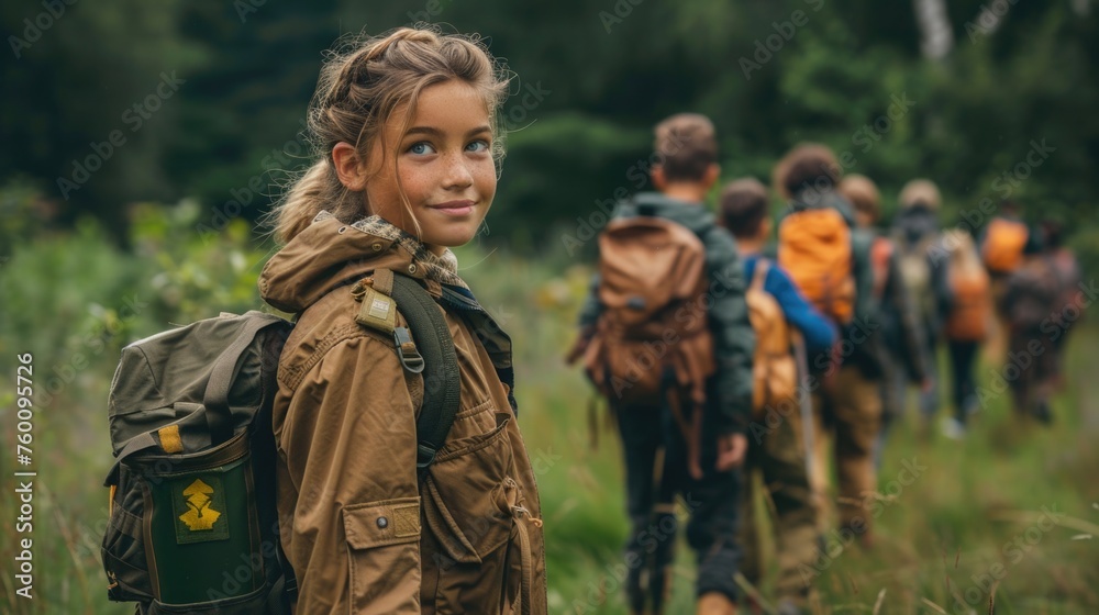 A girl leading an outdoor expedition, dressed as a ranger, with a group ...