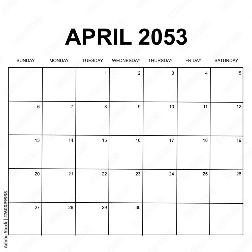 april 2053. monthly calendar design. week starts on sunday. printable ...