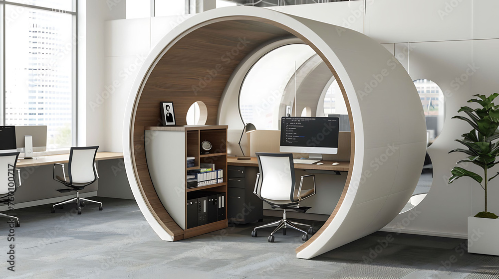 Modern executive office design incorporating a circular work pod with ...