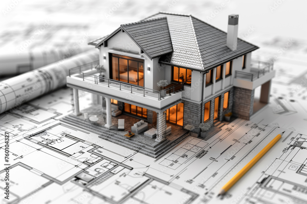 Construction blueprints or construction drawings and miniature models ...