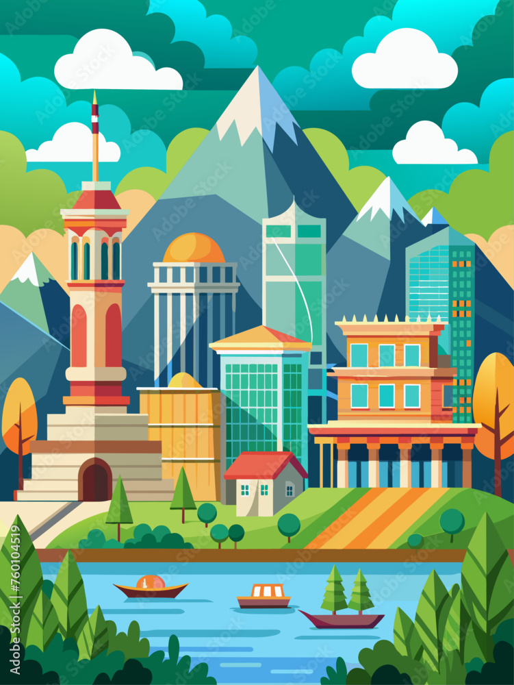City vector landscape background showcasing modern skyscrapers, lush ...