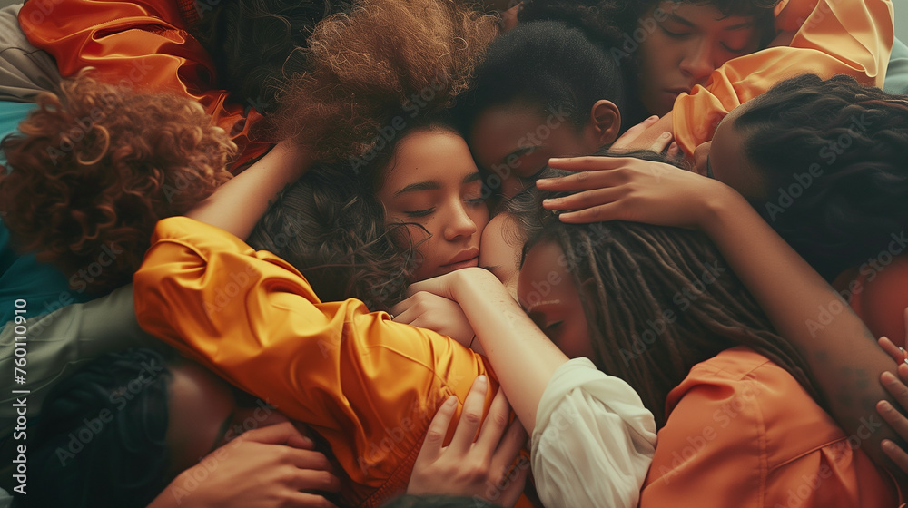 Behind view of group of diverse people holding and embracing each other ...