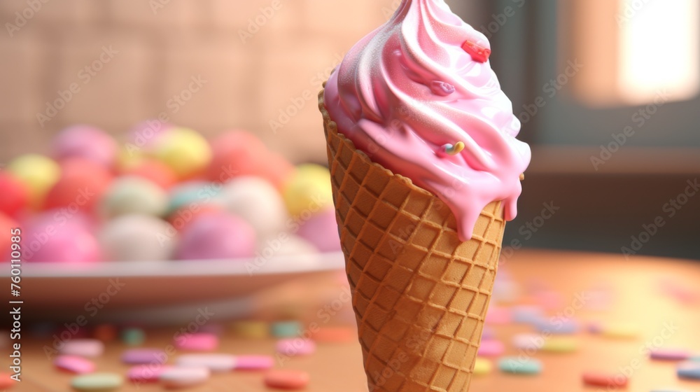 Soft serve ice cream with a twist of strawberry in a crunchy waffle ...