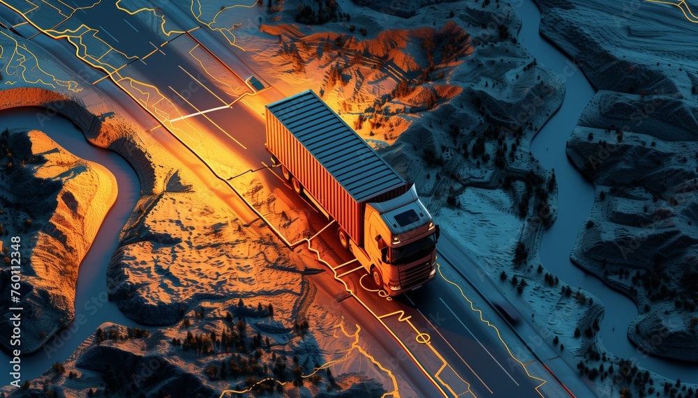 Container Truck with GPS Route Visualization on Map.'a container truck ...