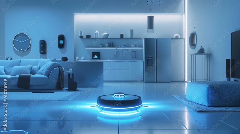 Autonomous robot vacuum cleaner gliding on a floor. Smart home cleaning ...