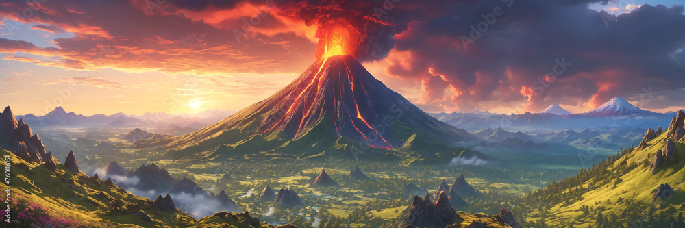 A beautiful, imaginary landscape featuring a volcano with a crater at ...