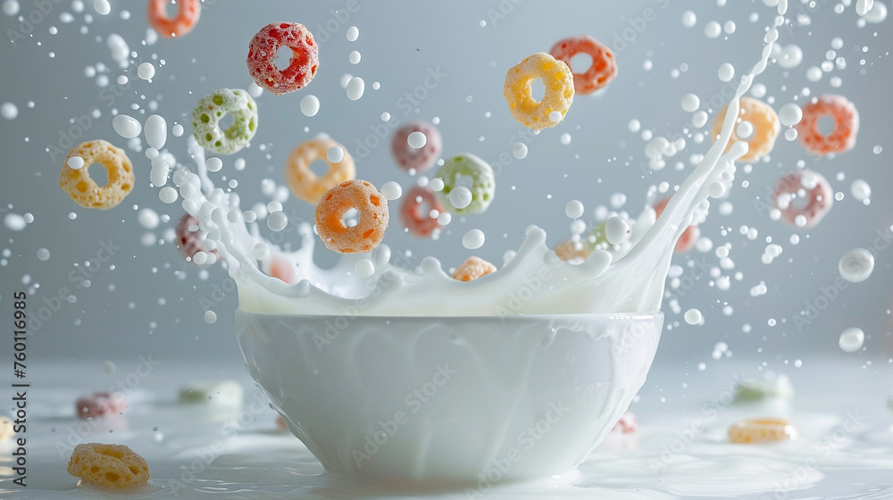 over head shot, fruit loops falling through the frame towards a bowl of ...