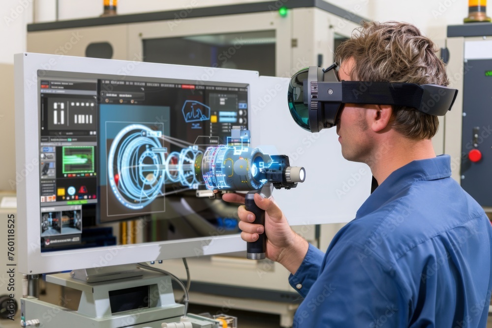 Engineer with AR glasses, overlaying digital instructions of a complex ...