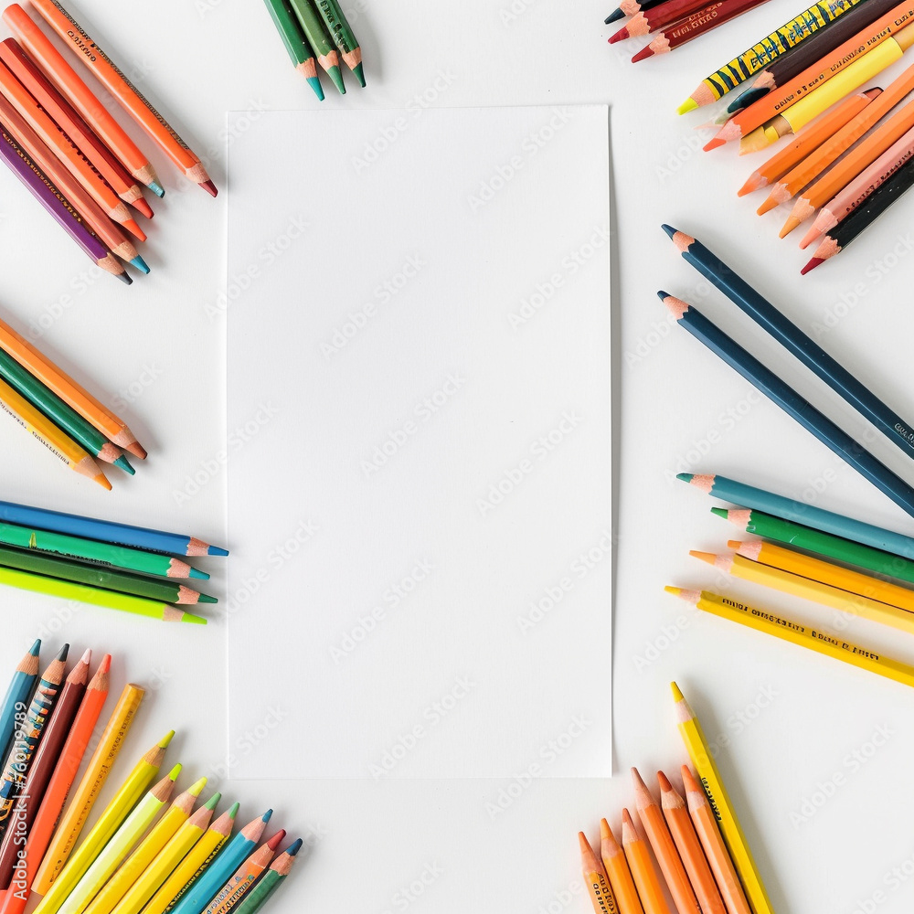 minimalist clean a4 paper mockup on white table with crayons for kids ...
