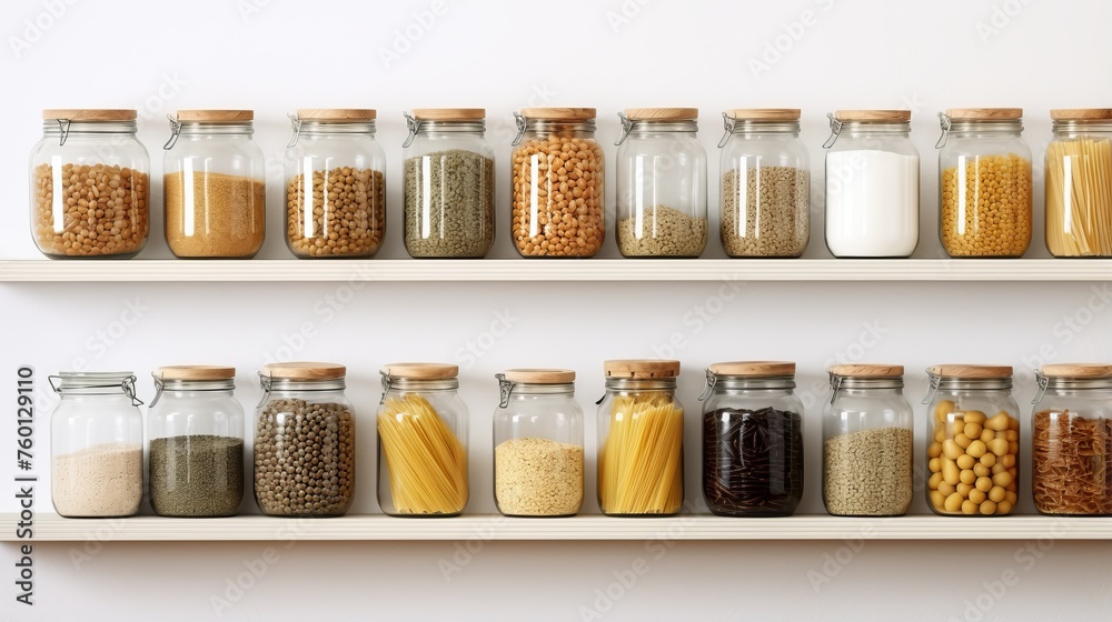 Shelves filled with neatly arranged clear glass jars containing ...