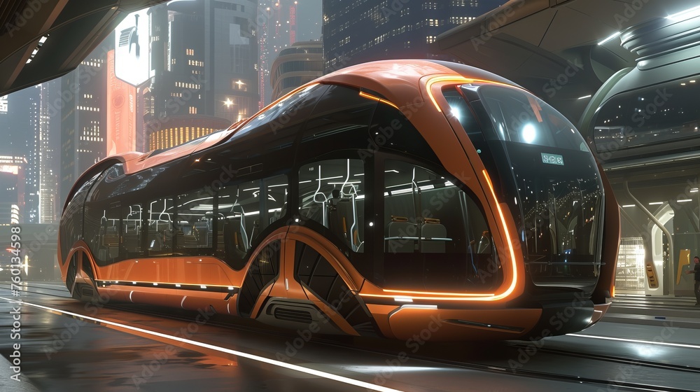 Highly detailed image of an autonomous bus with sleek design and orange ...