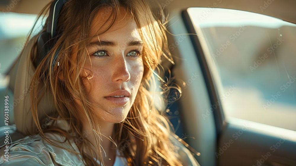 Young women reading a book in a driverless car. Driverless car. Self ...