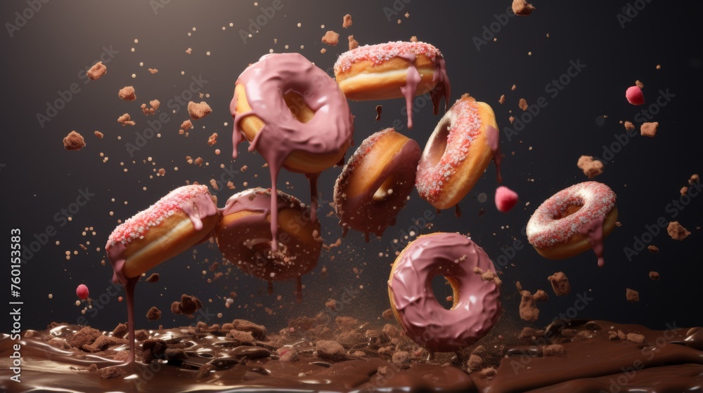Artistic donuts with melting chocolate and pink icing hover in mid-air ...