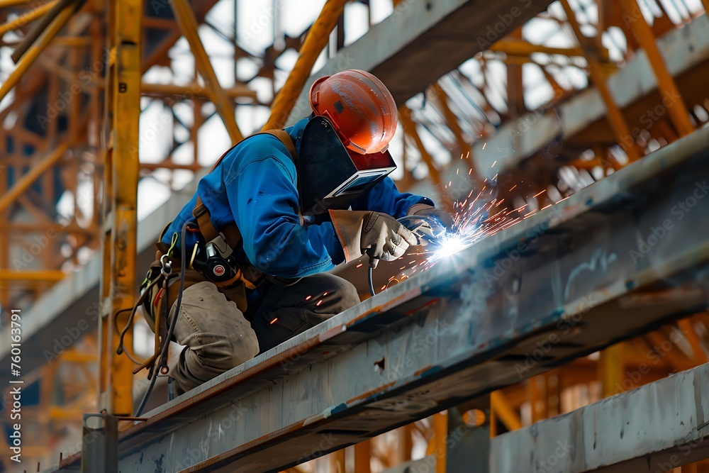 a welder who is welding steel on a steel roof frame. Working at height ...