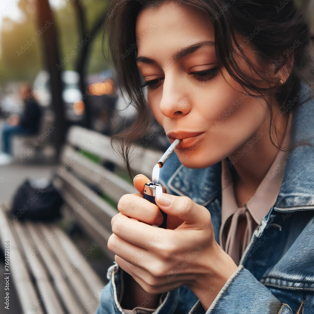 Woman sitting outside smoking cannabis on a bench in a park. Lighting ...