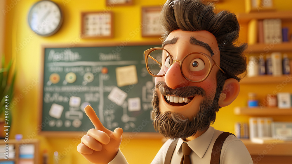 Animated 3D man teacher with a friendly smile pointing at an invisible ...