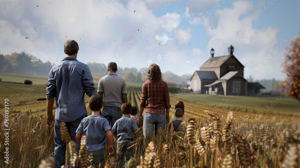 A contented Midwest American family walks together through golden ...