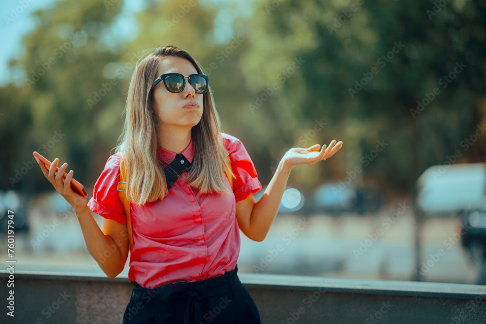 Stressed Woman Holding a Smartphone Feeling Lost in the City. Unhappy ...