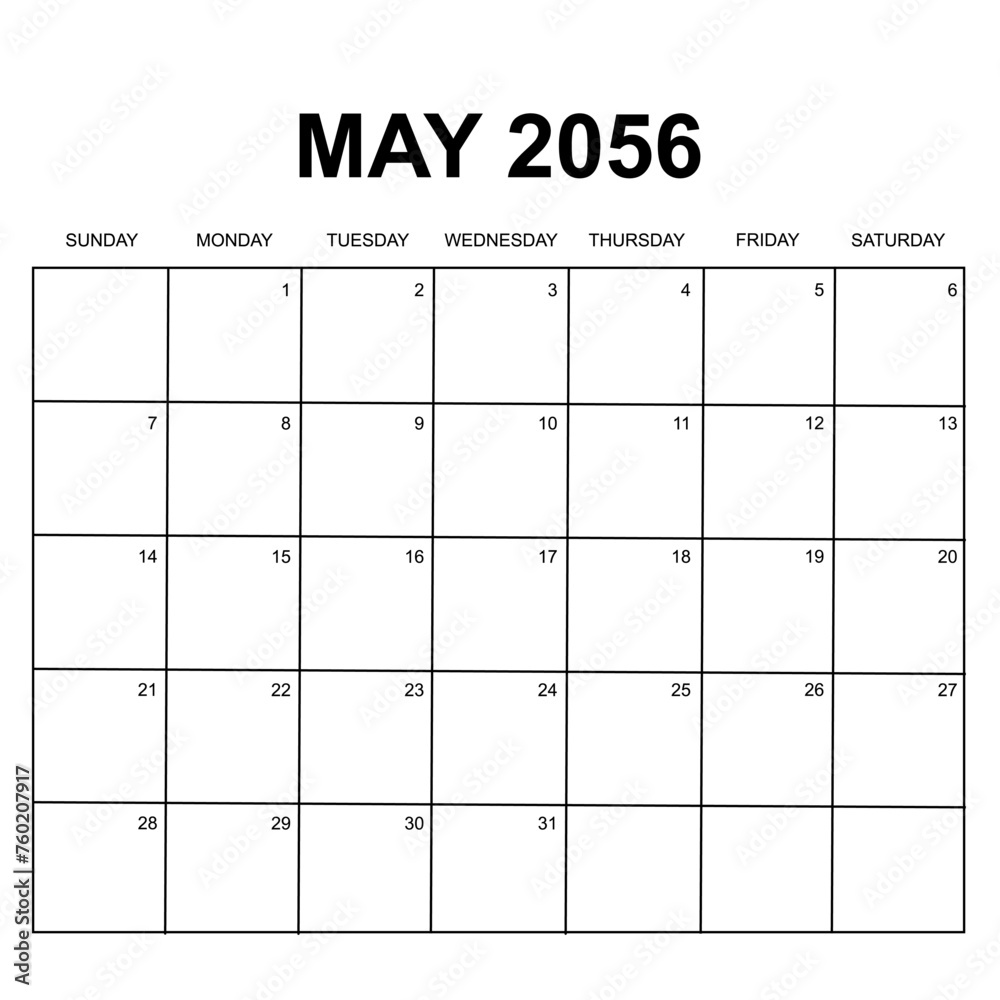 may 2056. monthly calendar design. week starts on sunday. printable ...