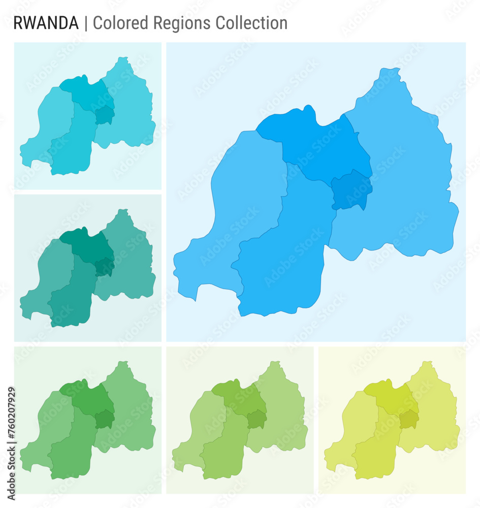 Rwanda map collection. Country shape with colored regions. Light Blue ...