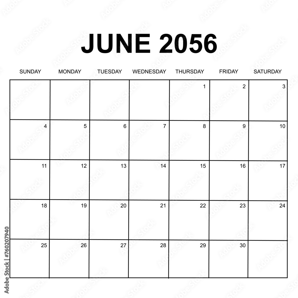 june 2056. monthly calendar design. week starts on sunday. printable ...