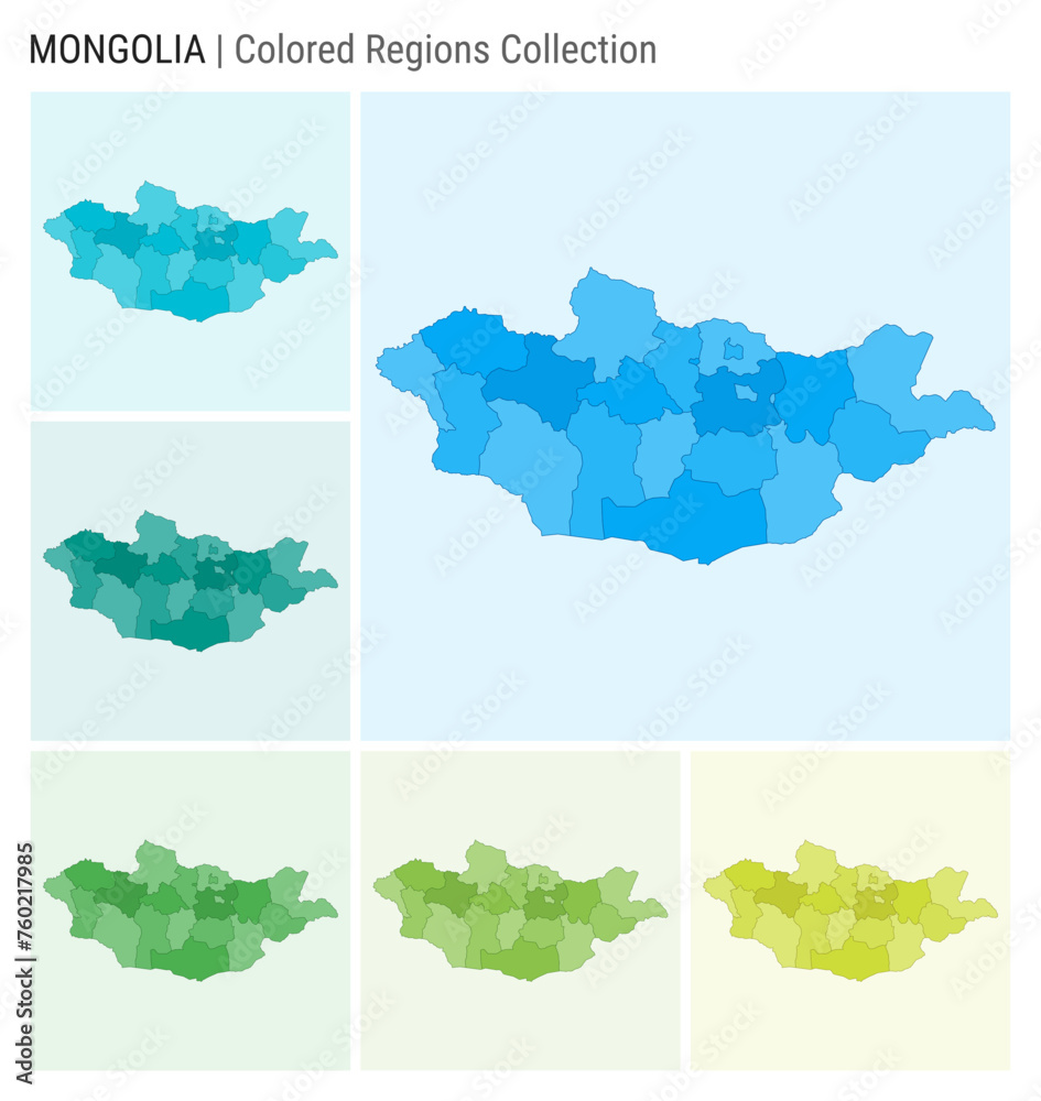 Mongolia map collection. Country shape with colored regions. Light Blue ...