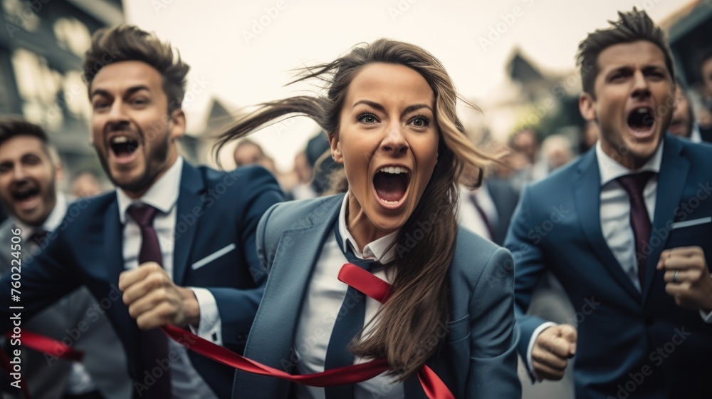 Corporate marathon triumph: businesspeople group in suits crossing ...