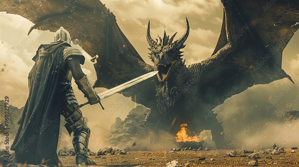 Heroic Fantasy Knight Battling Ferocious Dragon in Epic Medieval ...