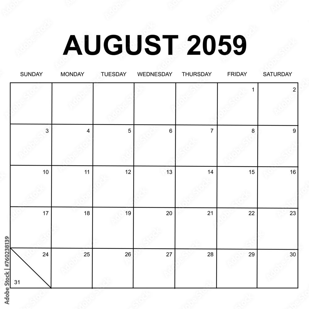 august 2059. monthly calendar design. week starts on sunday. printable ...