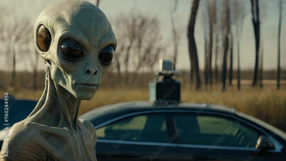 An alien peering out from inside a car at the outside world, creating ...