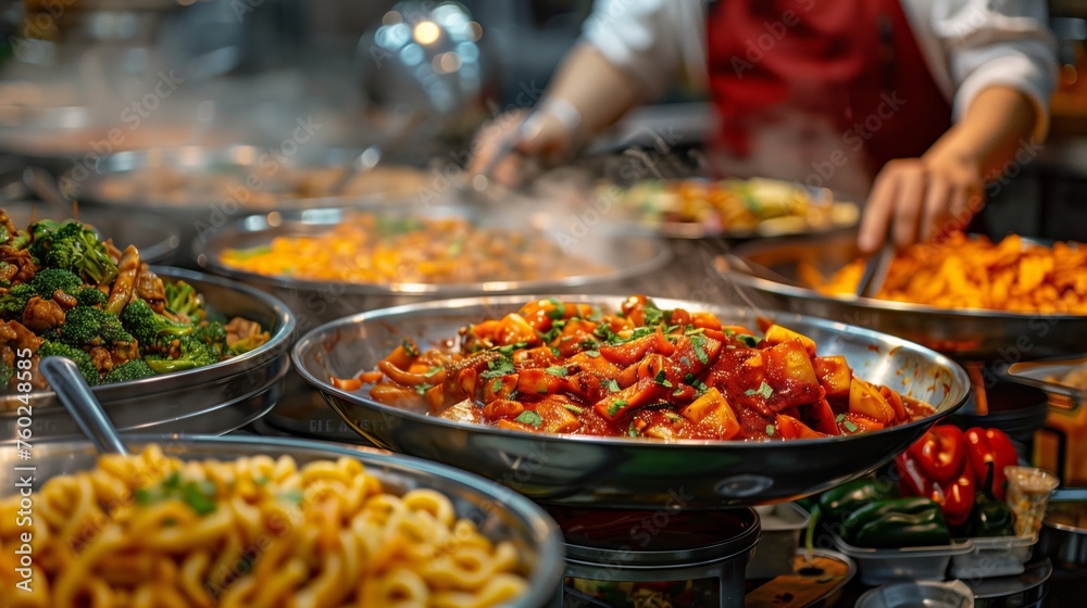 Steamy Stir-Fry Dishes at a Busy Food Counter. Chef skillfully stir ...